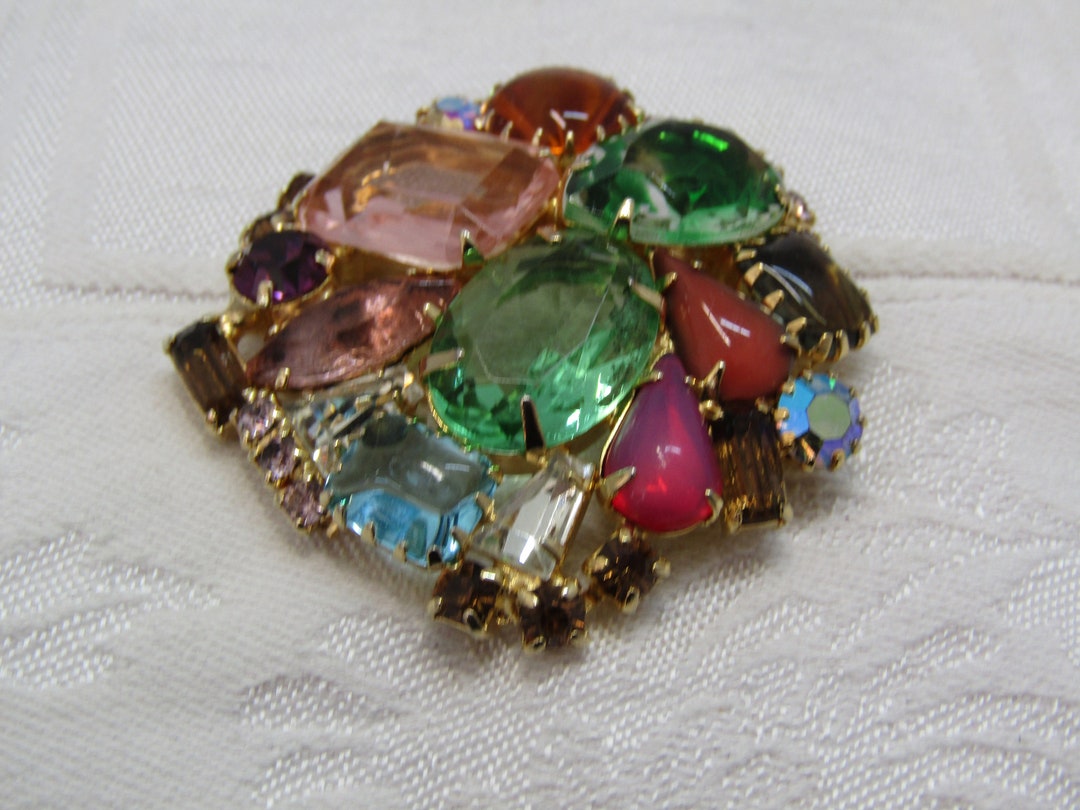 Vintage Gold Tone Brooch: Multi-color Rhinestone Statement Jewelry - Etsy