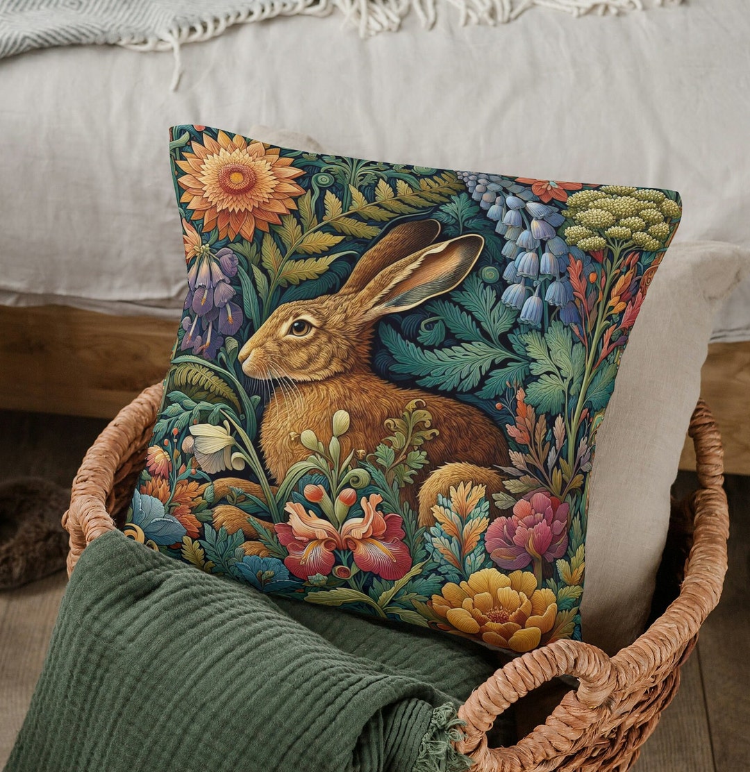 Floral Rabbit Pillow, William Morris Style Rabbit and Flower Throw ...