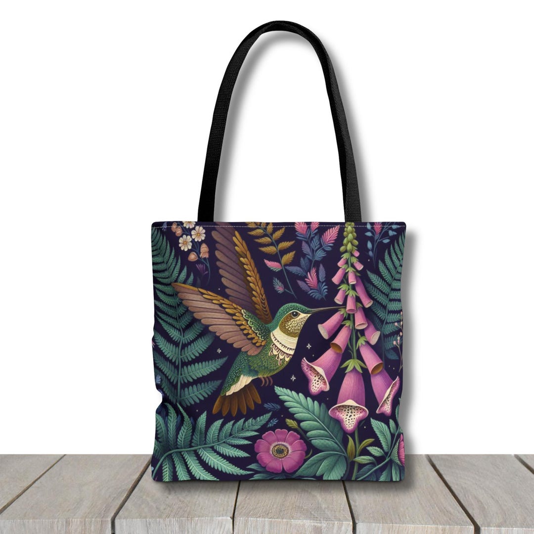 Hummingbird Tote Bag, Foxglove and Bird Shoulder Bag, Floral Reusable ...