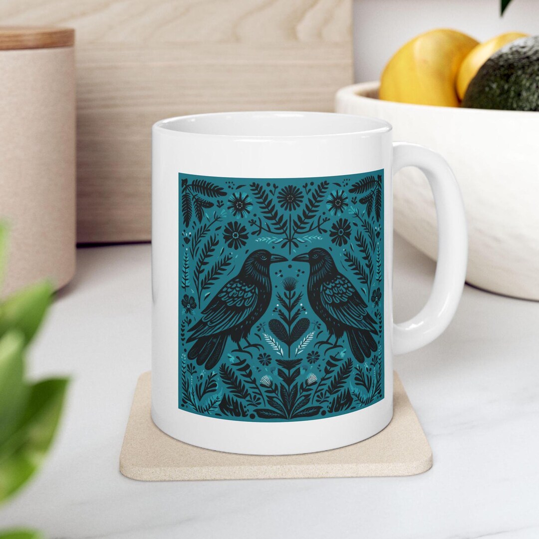 Two Ravens Mug Design in Turquoise Color, Forestcore Crow Coffee Cup ...