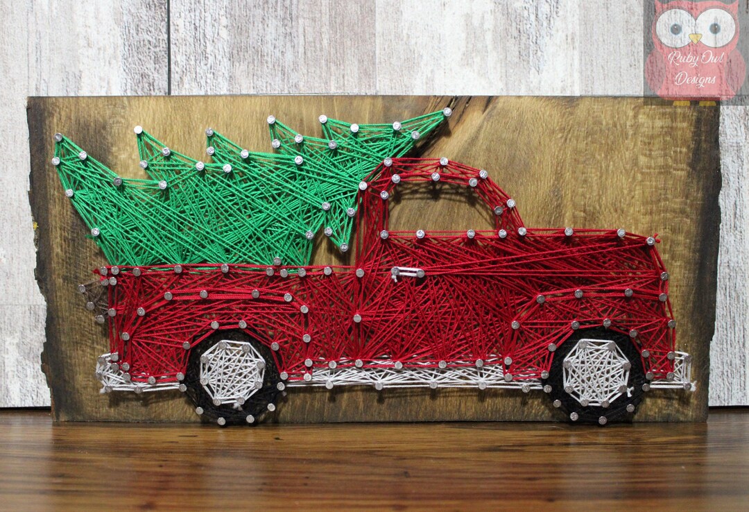 Christmas Tree Truck String Art Sign: Jacobean Stained Wood (6"x12") - Etsy