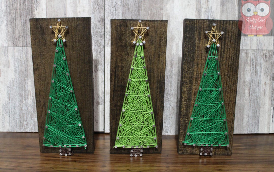 Set of 3 Christmas Tree String Art Signs: Jacobean Stained Wood (3"x8 ...