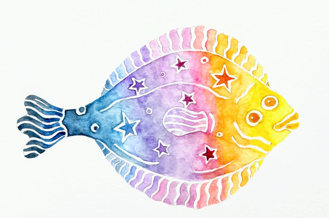 Starry Flounder: Rainbow or Black & White Watercolor Painting - Etsy