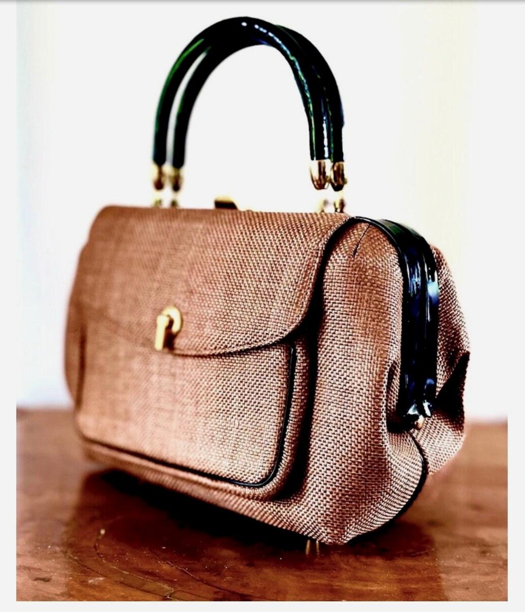 Vintage Box Bag Hard Case Handbag 1950s Black Patent Leather Neutral ...