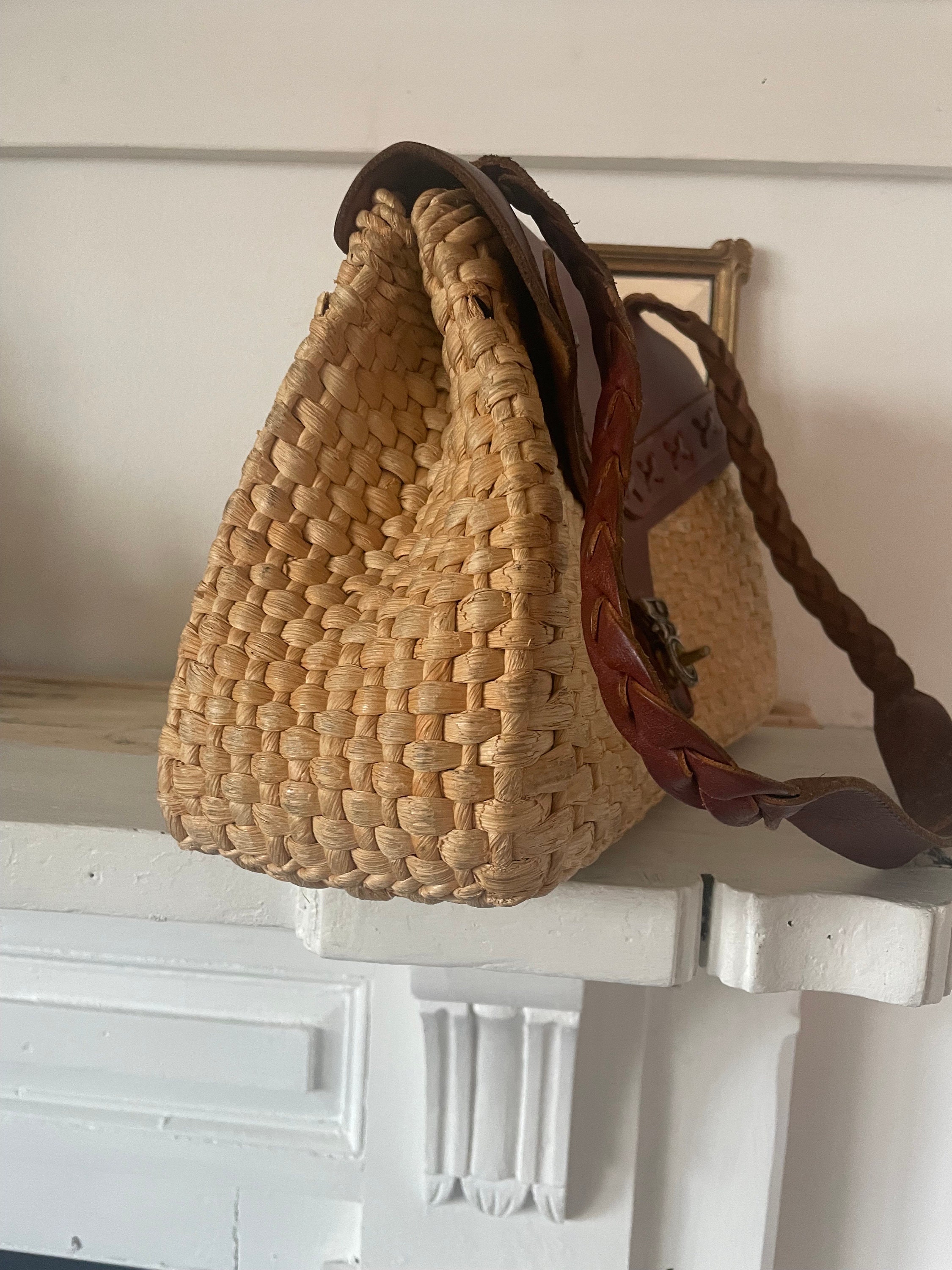 Vintage 70s Woven Basket Weave Rush and Braided Leather Shoulder Bag ...