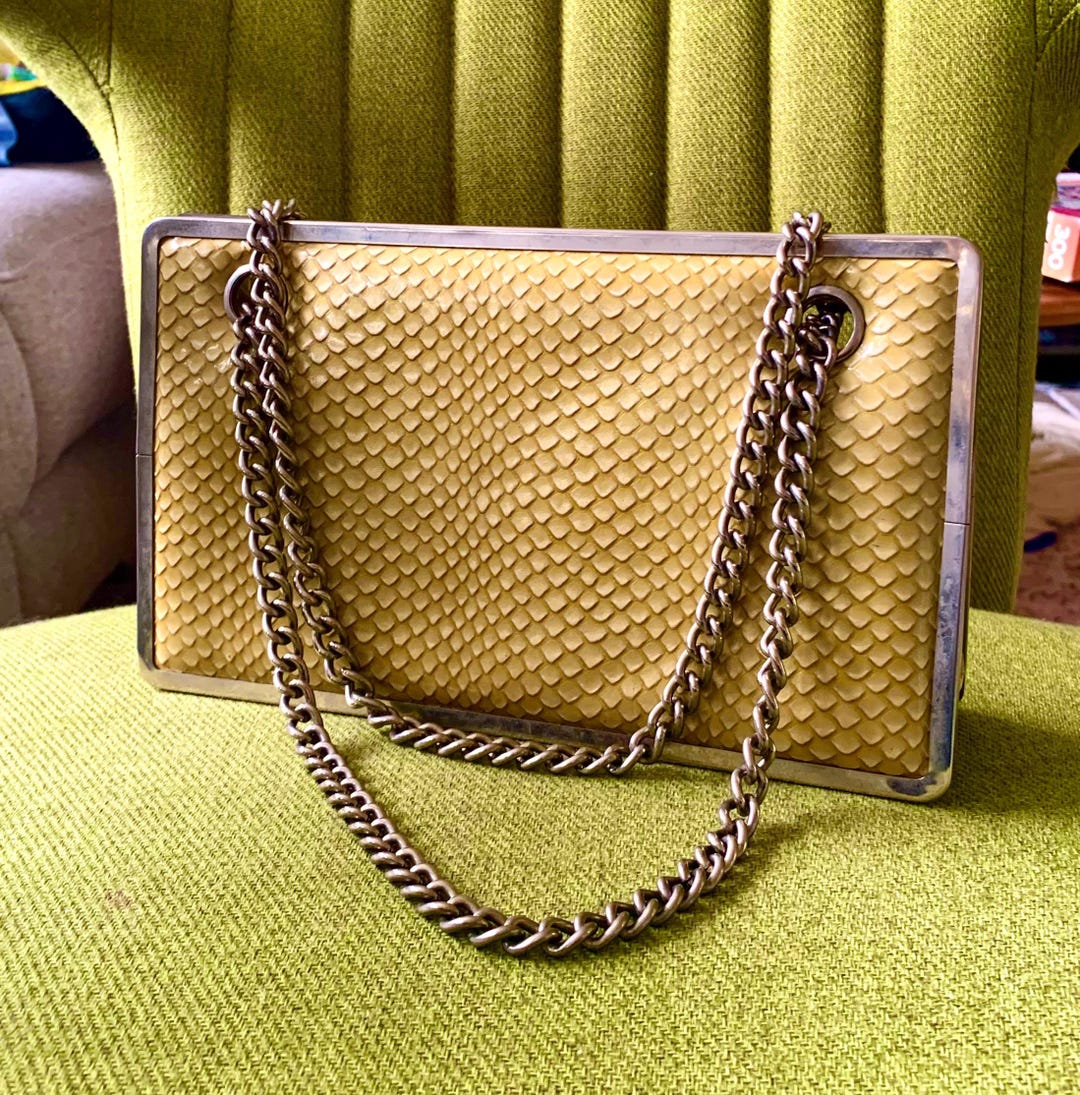 Vintage 60s Yellow Silver Tone Chain Strap and Faux Snake Hard Case ...