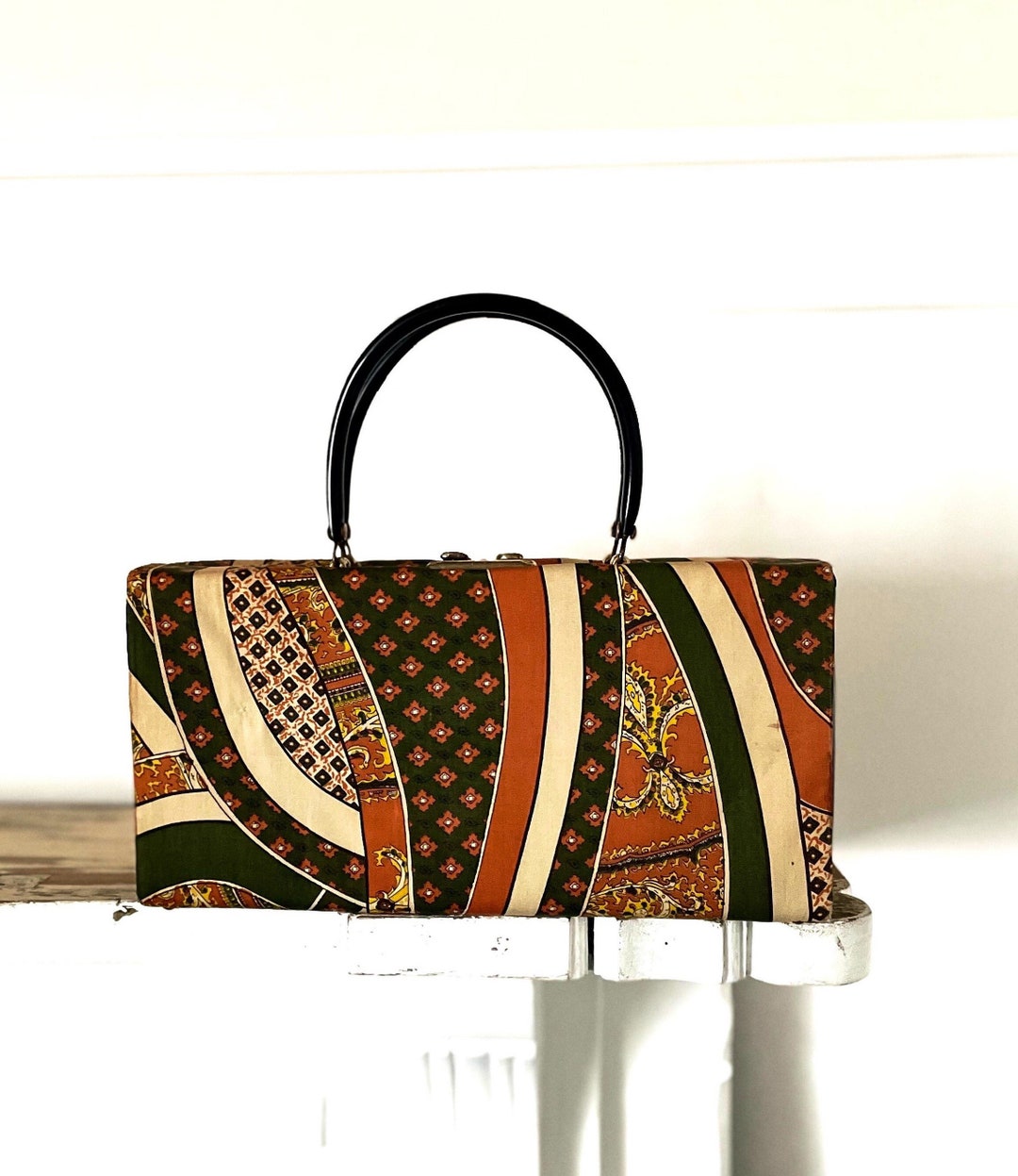 Vintage Large Hard Case Box Bag 60s Scarf and Patent Vinyl Leather With ...