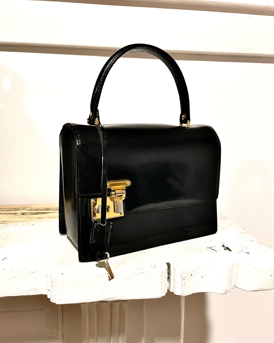 Vintage Top Handle Hard Case Black Leather Handbag Gold Tone Working ...