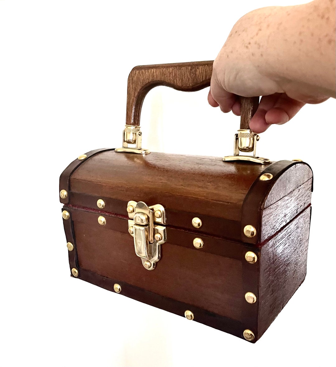 Vintage Wooden Leather Box Bag Top Handle Gold Tone Hardware Studs - Etsy