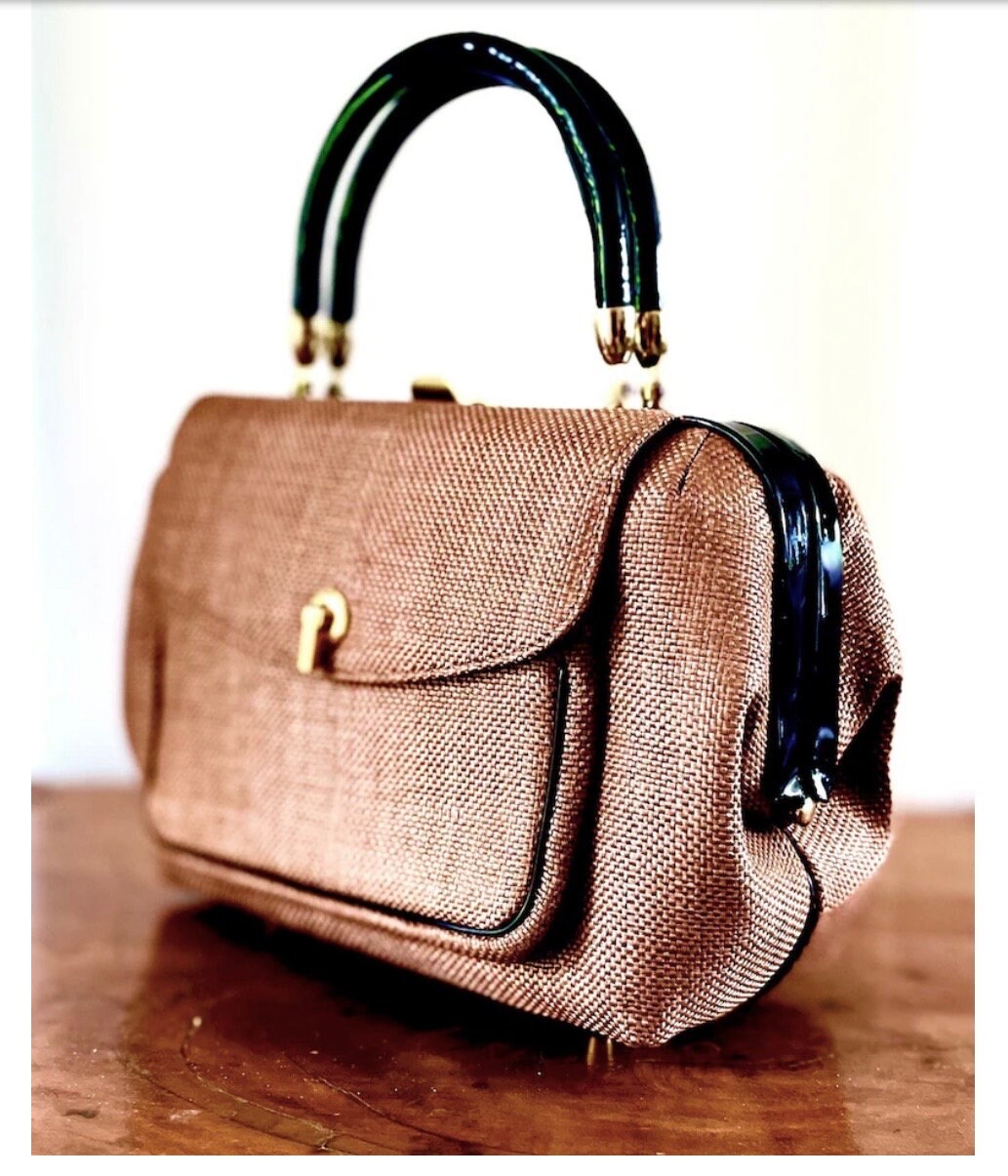 Vintage Box Bag Hard Case Handbag 1950s Black Patent Leather Neutral ...
