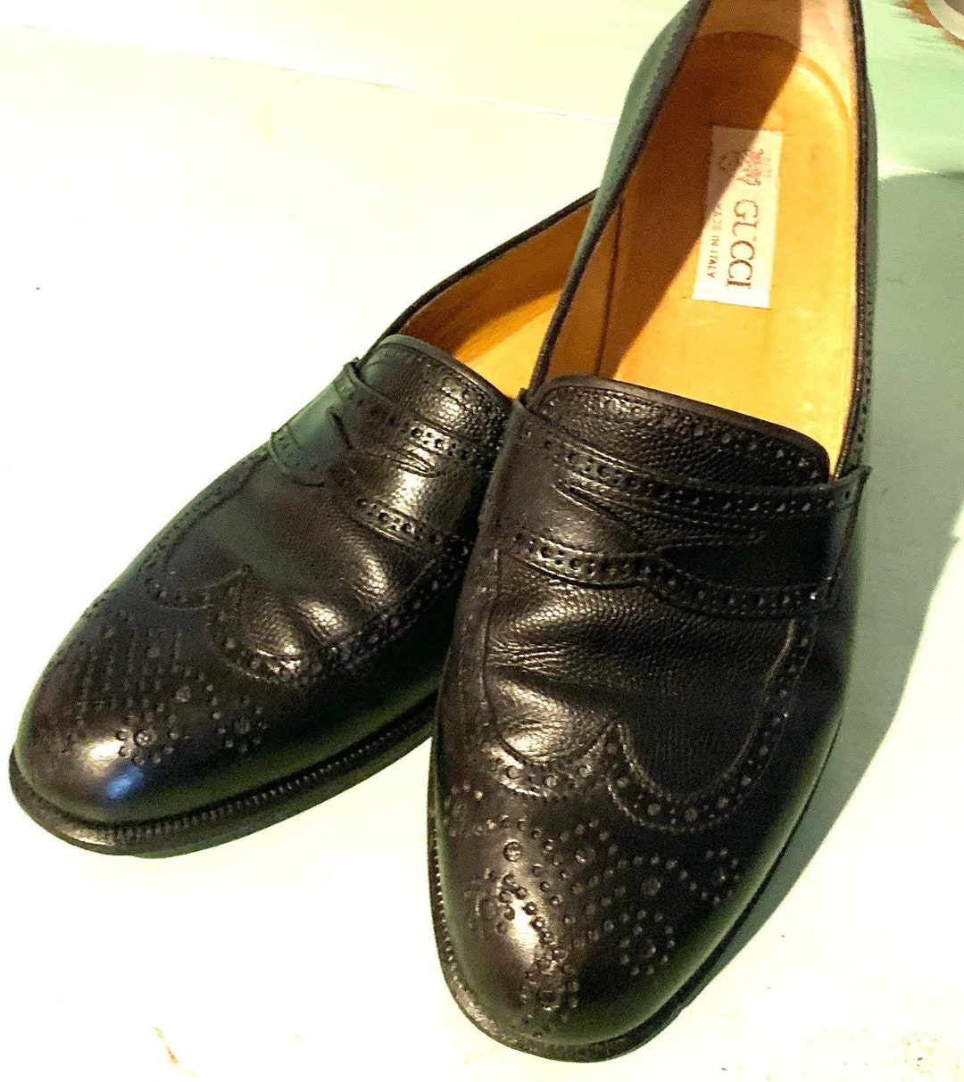 Vintage Gucci Shoes Leather Black Wingtips Slip on Loafers Mens US 7.5 ...