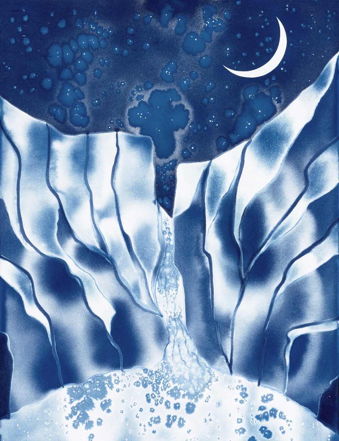 EARLY STARS, Cyanotype Art Print, Waterfall, Moon, Night Sky, Hiking ...