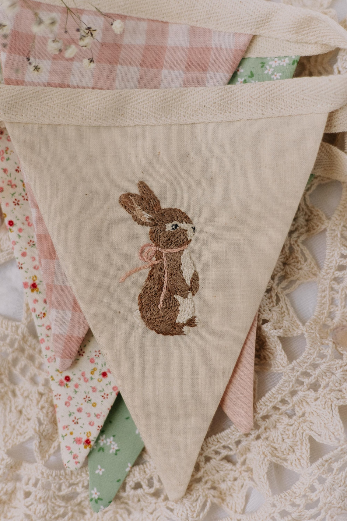 Hand Embroidery Bunny Bunting: Pink Nursery Decor, Vintage Inspired - Etsy