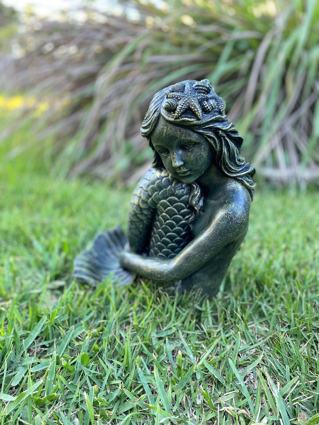 Mermaid Statue With Antique Bronze Finish Concrete Mermaid Figurine ...