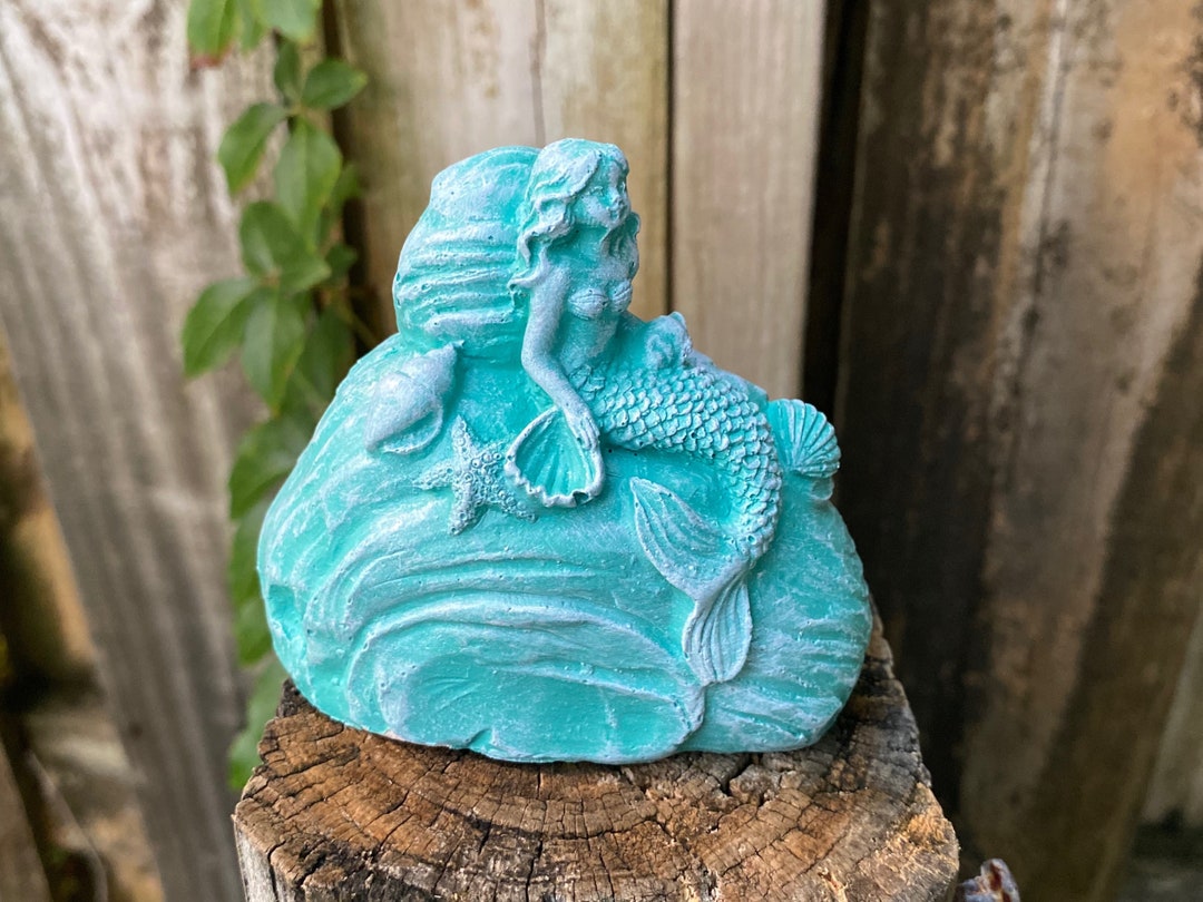 Mini Mermaid on Rock Statue, Enchanting Concrete Statue for Garden or ...