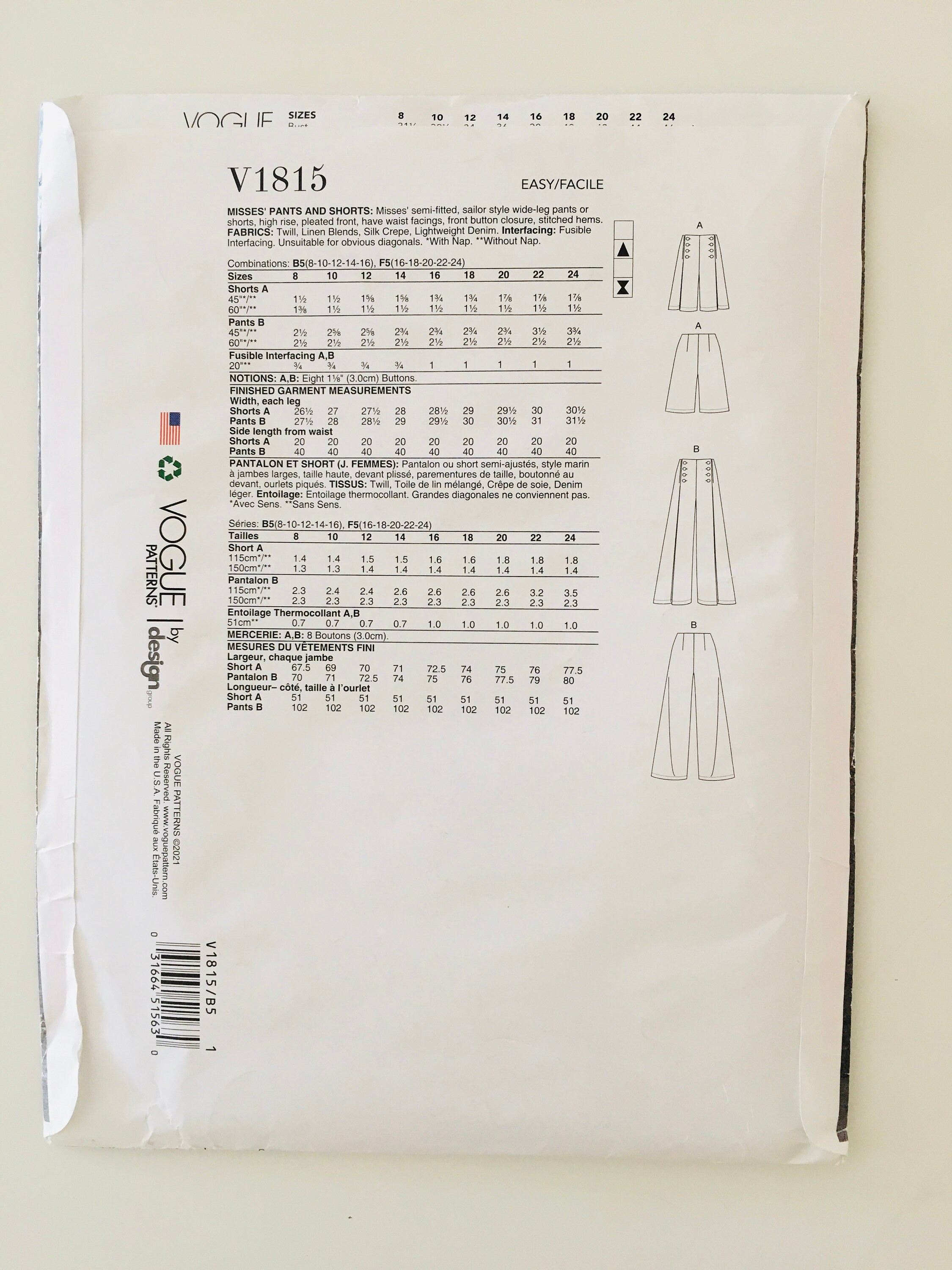 Vogue Sailor Pants Pattern/sailor Shorts Pattern/vogue Pants Pattern ...