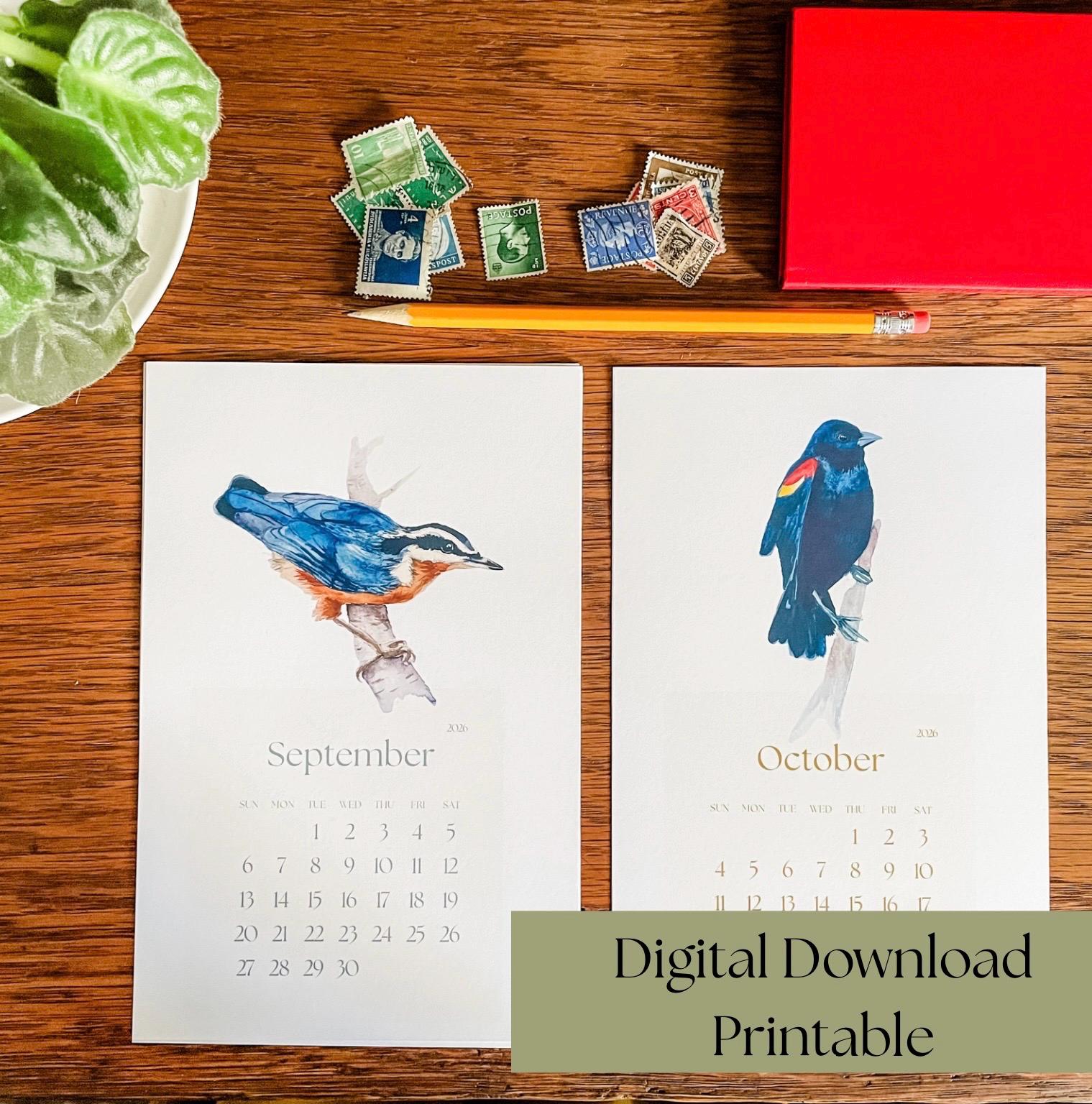 Watercolor Birds 2026 Calendar Printable, Vertical Half Sheets - Etsy