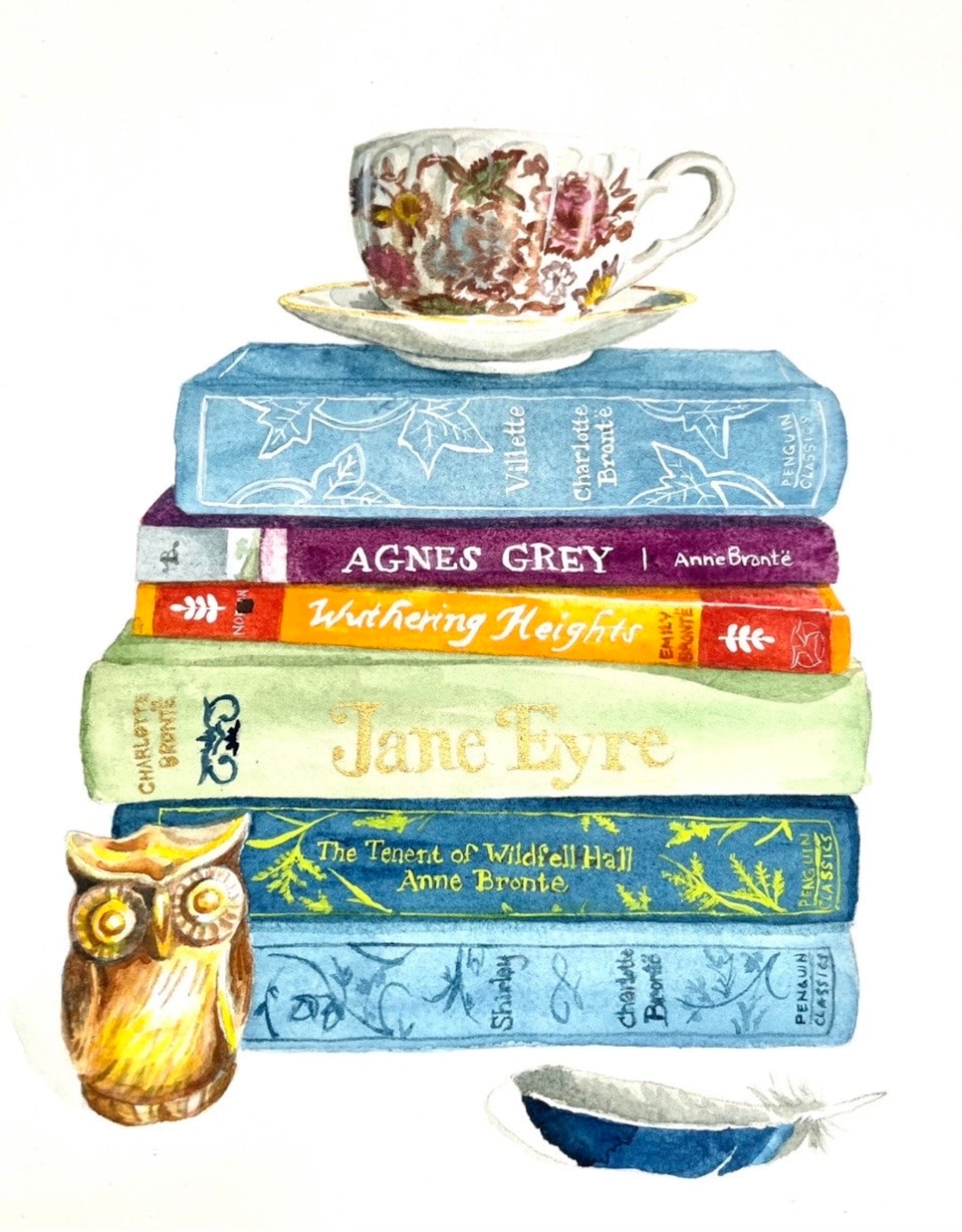 Watercolor Books With Tea Cup Artwork Wall Art Brontë Books, Home Decor ...
