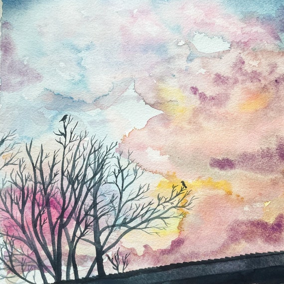 Watercolor Sunset Painting Tree Silhouette With Birds sunset | Etsy
