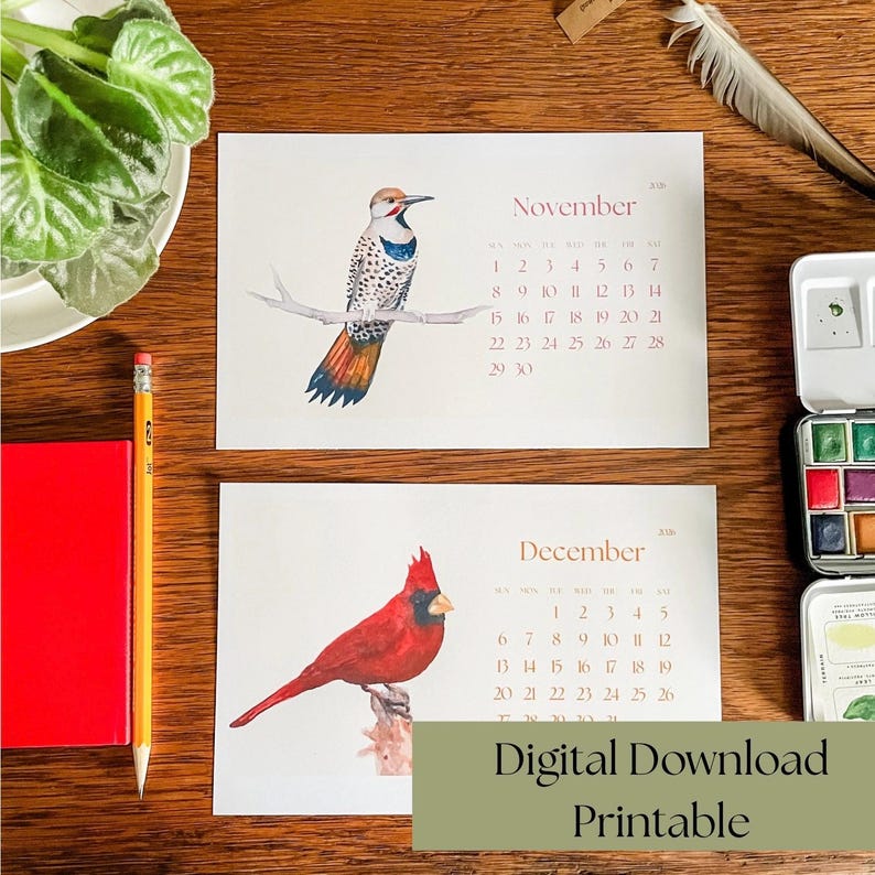 Watercolor Birds 2026 Calendar Printable, Horizontal Half Sheets - Etsy