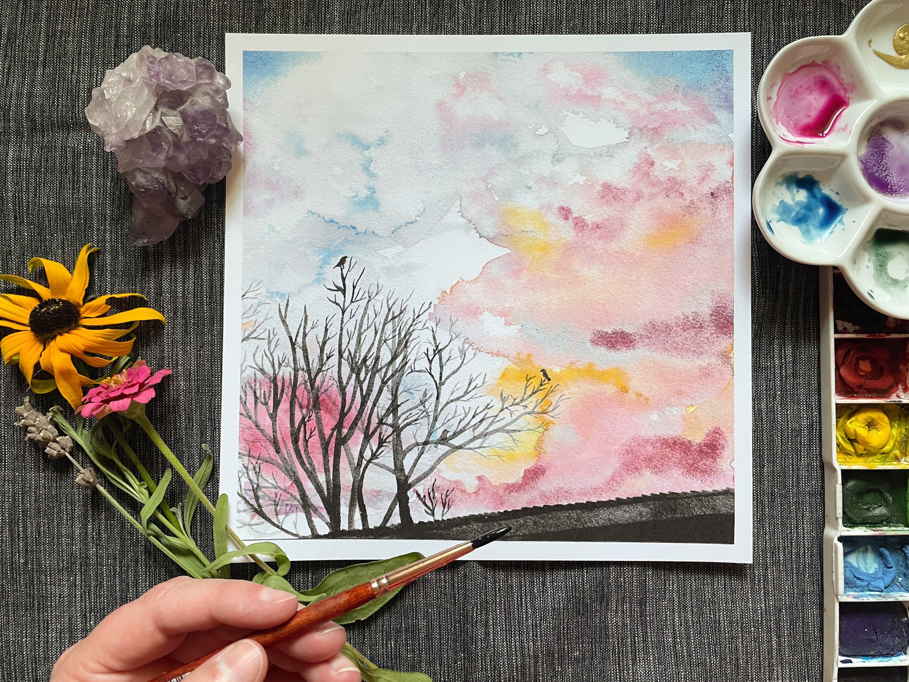 Watercolor Sunset Painting Tree Silhouette With Birds sunset | Etsy