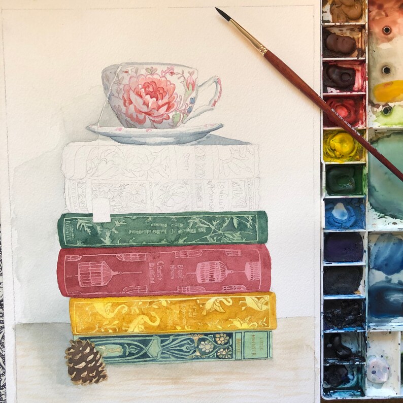 Watercolor Stack of Vintage Books and Tea Cup, Art Print - Etsy