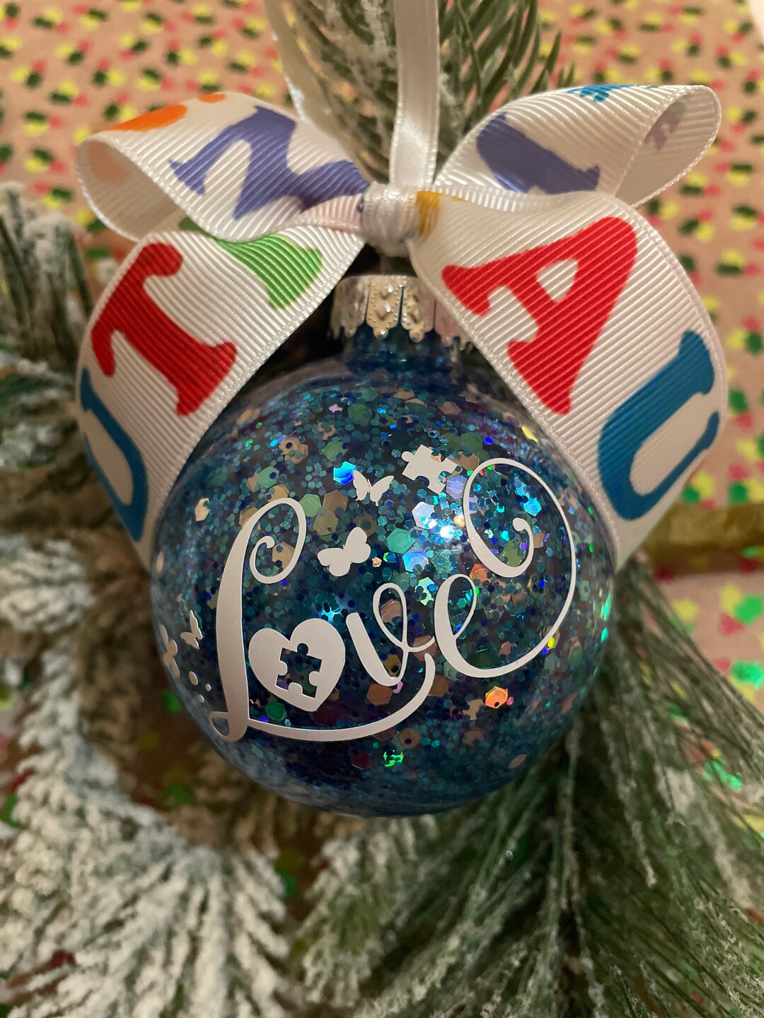 Personalized Autism Awareness Ornament: Sparkly Blue Shatterproof Bulb ...