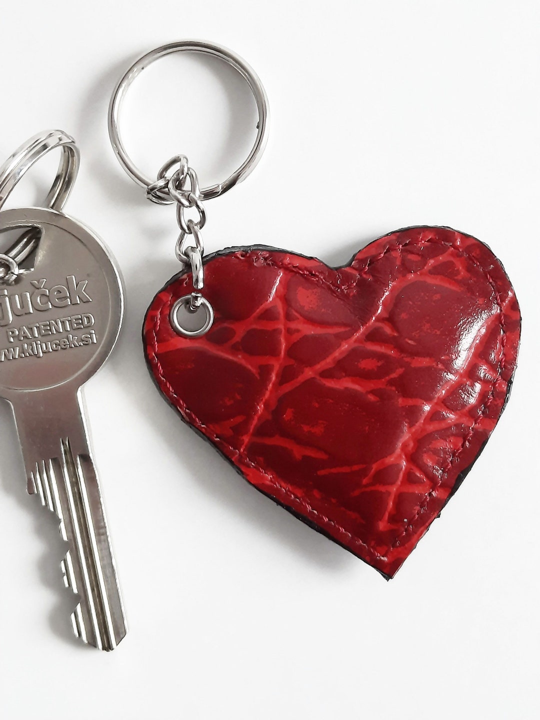 Leather Red Heart Keychain Padded Key Fob Heart Charm Embossed Genuine ...