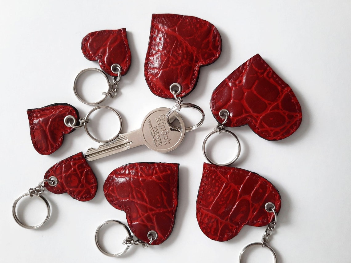 Leather Red Heart Keychain Padded Key Fob Heart Charm Embossed Genuine ...