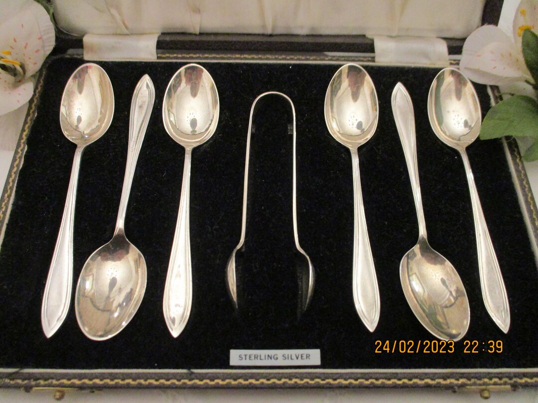 A Set of Solid Silver Vintage Tea Spoons and Tongs - Etsy