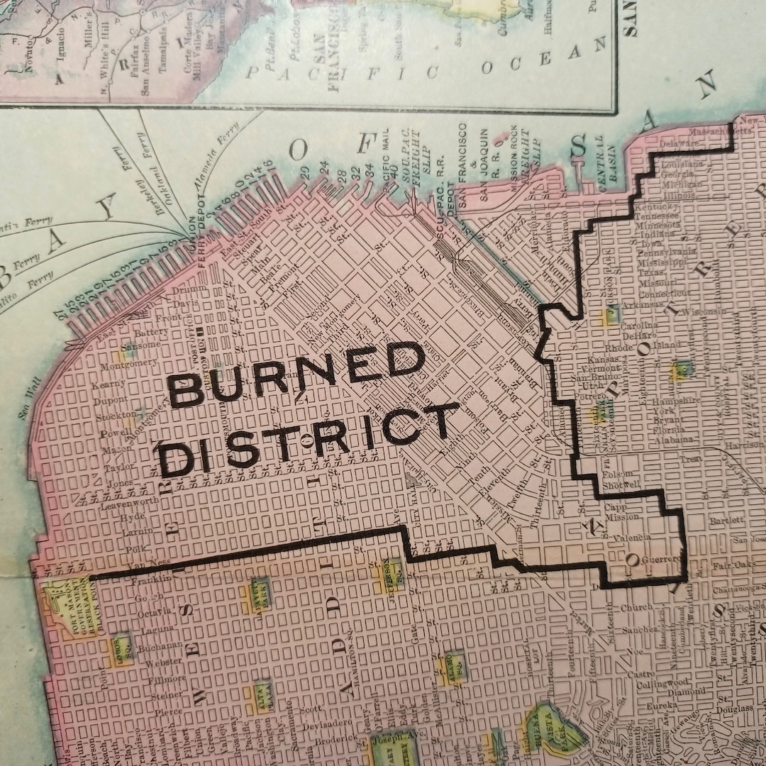 1906 ORIGINAL Vintage City Map of San Francisco Burnt Area Earthquake ...