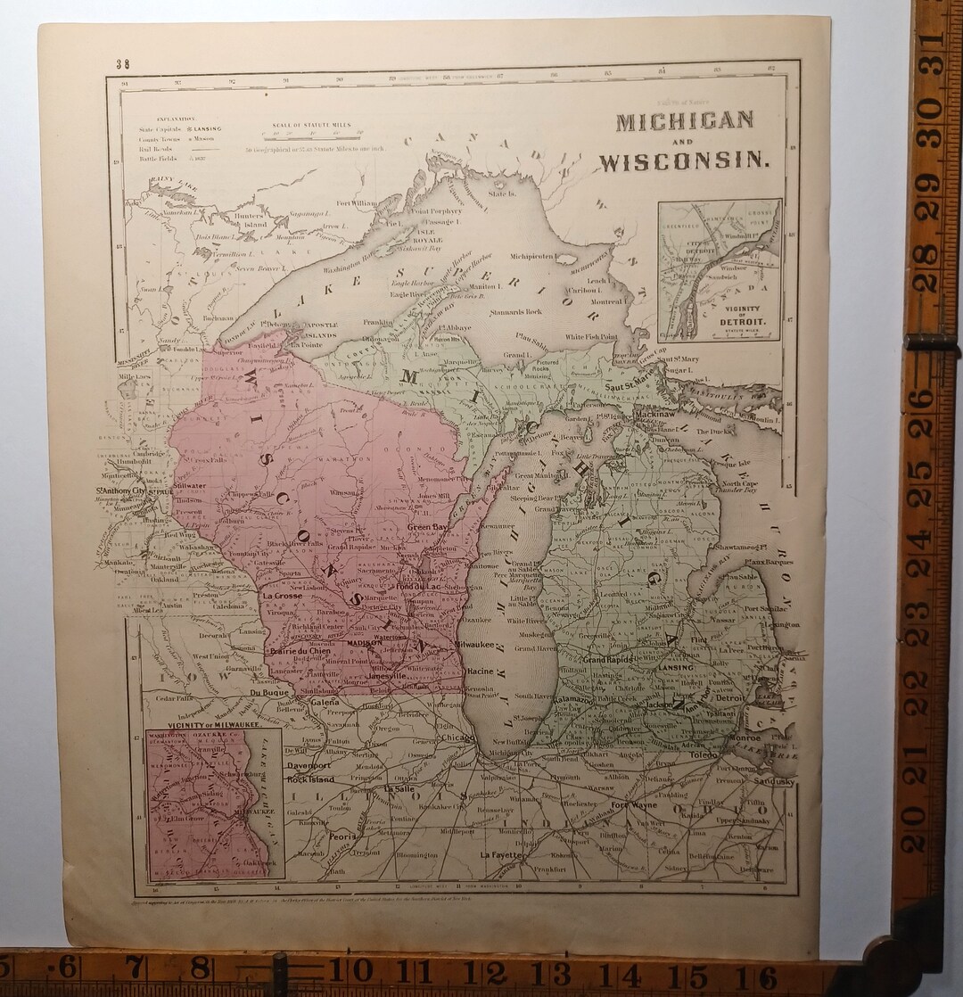 1860 ORIGINAL Vintage Map of Michigan & Wisconsin Detroit Milwaukee Old ...