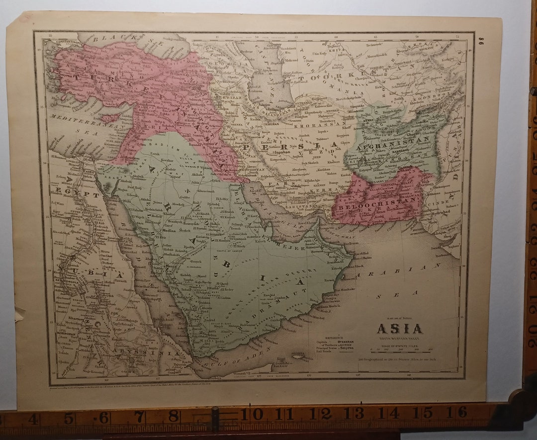 1858 ORIGINAL Vintage Map of East Asia Arabia, Turkey, Afghanistan ...