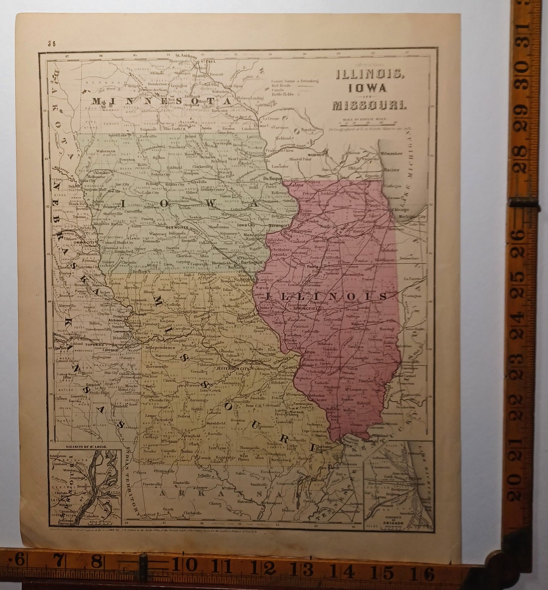 1860 ORIGINAL Vintage Map of Illinois, Iowa & Missouri Chicago Old US ...