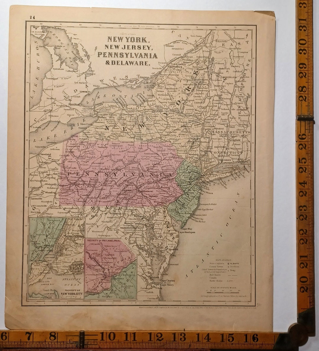 1860 ORIGINAL Vintage Map of New York, New Jersey, Pennsylvania ...
