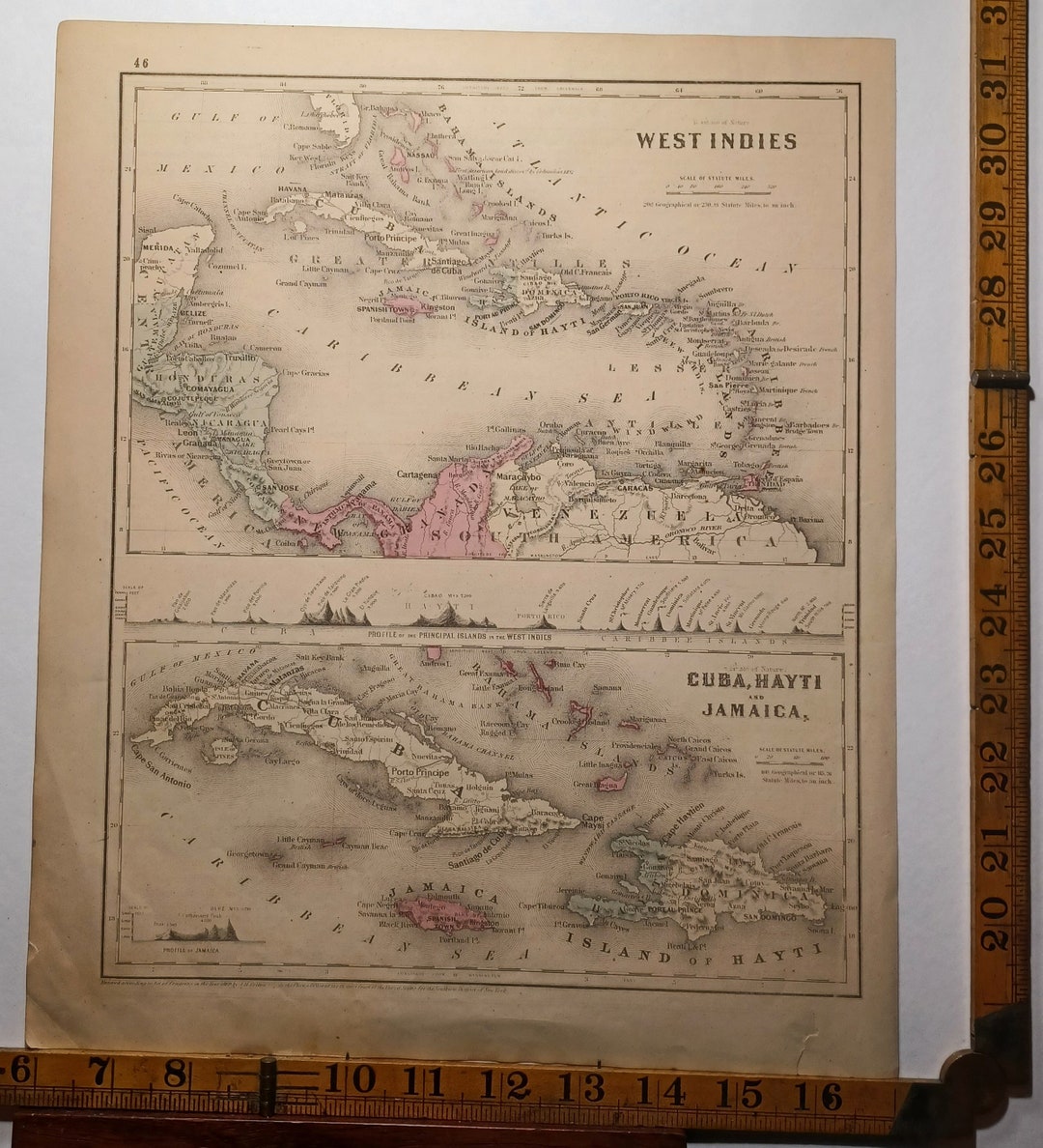 1860 ORIGINAL Vintage Map of West Indies Caribbean Cuba, Jamaica, Haiti ...