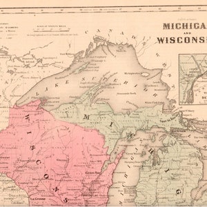1860 ORIGINAL Vintage Map of Michigan & Wisconsin Detroit Milwaukee Old ...