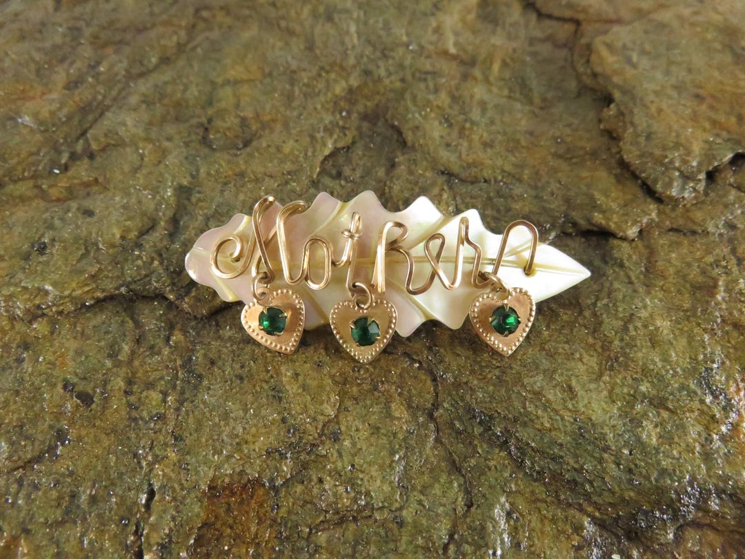 Victorian Mother Pin Mother of Pearl Leaf Dangling Hearts Rose Gold ...