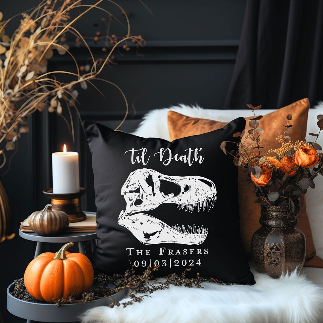 Til Death T-rex Skull Gothic Wedding Gift Cushion Cover With Surnames ...