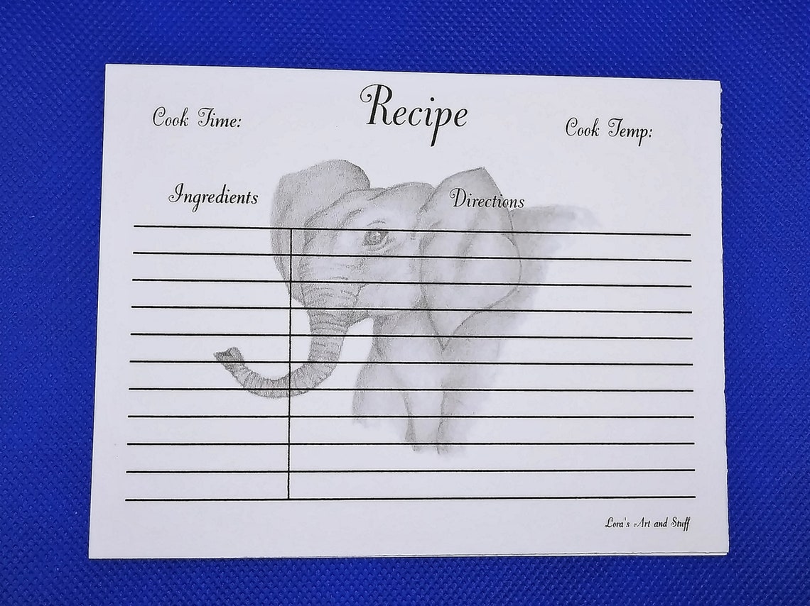 Elephant Baking Recipe Card Set Elephant Recipe Cards Art | Etsy