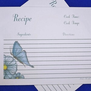 Baking Recipe Card Set, Butterfly and Flower Recipe Cards, Blue ...