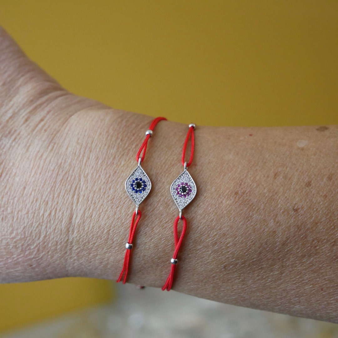 925 Sterling Silver Almond Shaped Evil Eye With Adjustable Red Silk ...