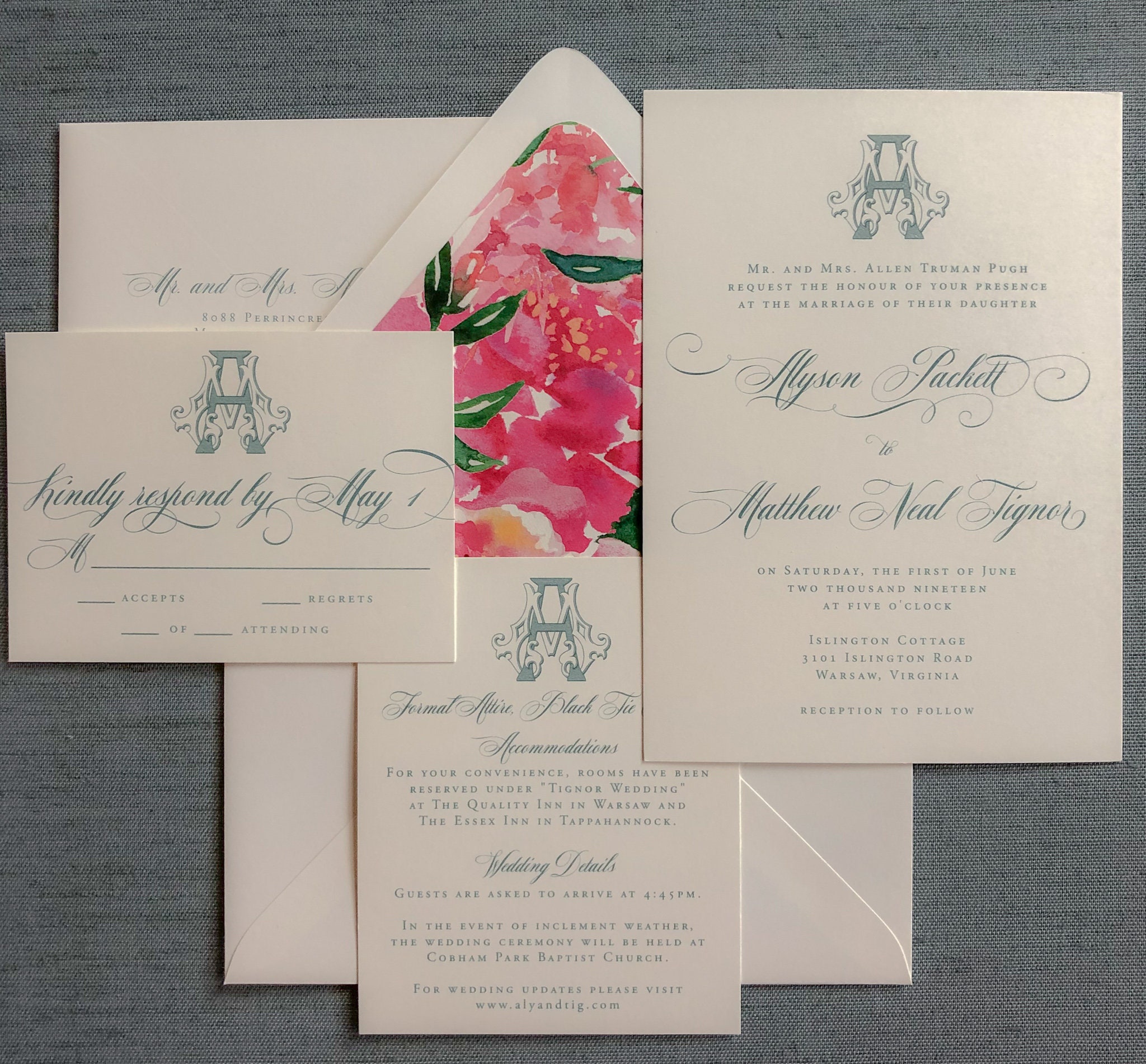 Victorian Monogram with Watercolor Details dusty blue thermography ...