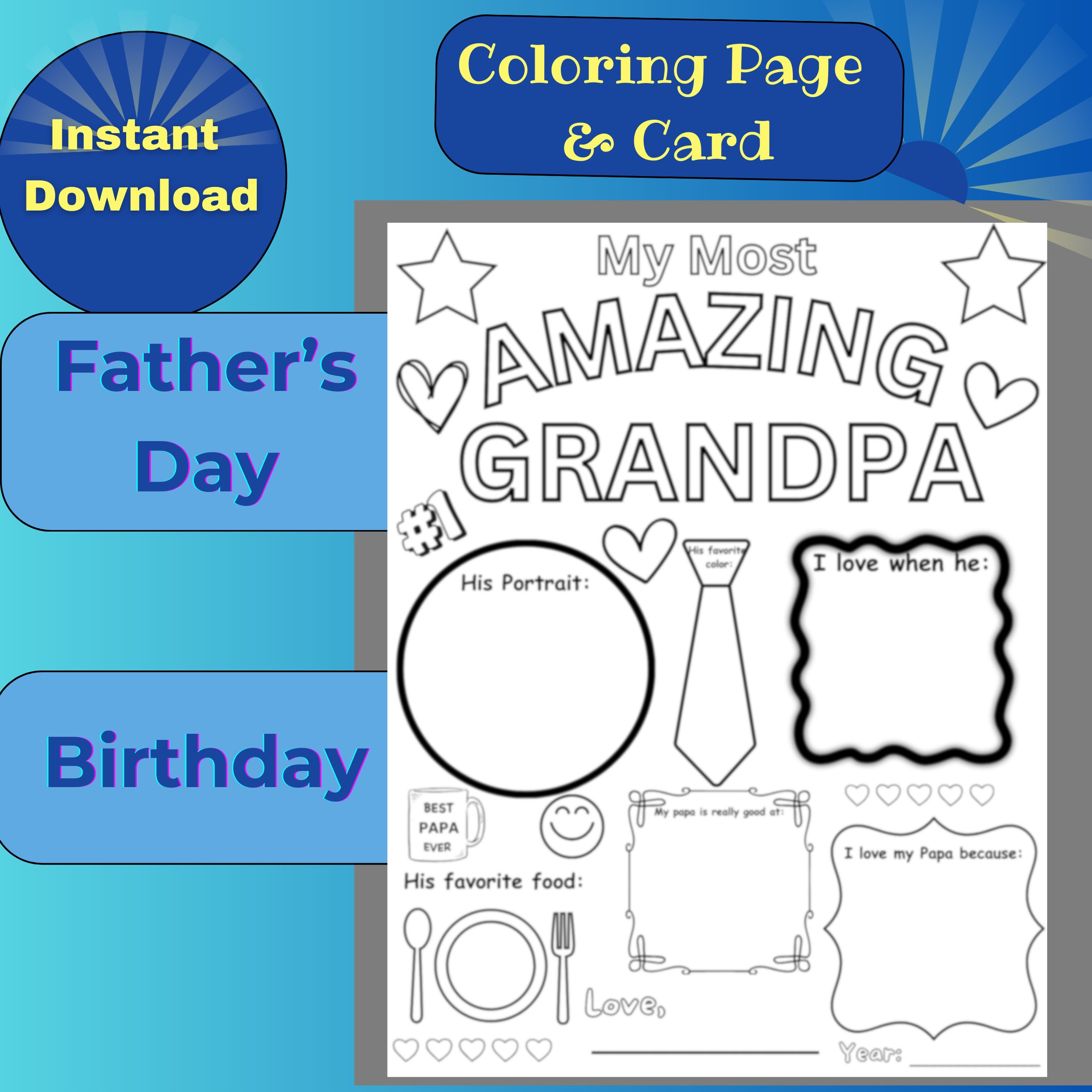 Grandpa Coloring Page, Grandpa Birthday Digital Download, Grandpa ...