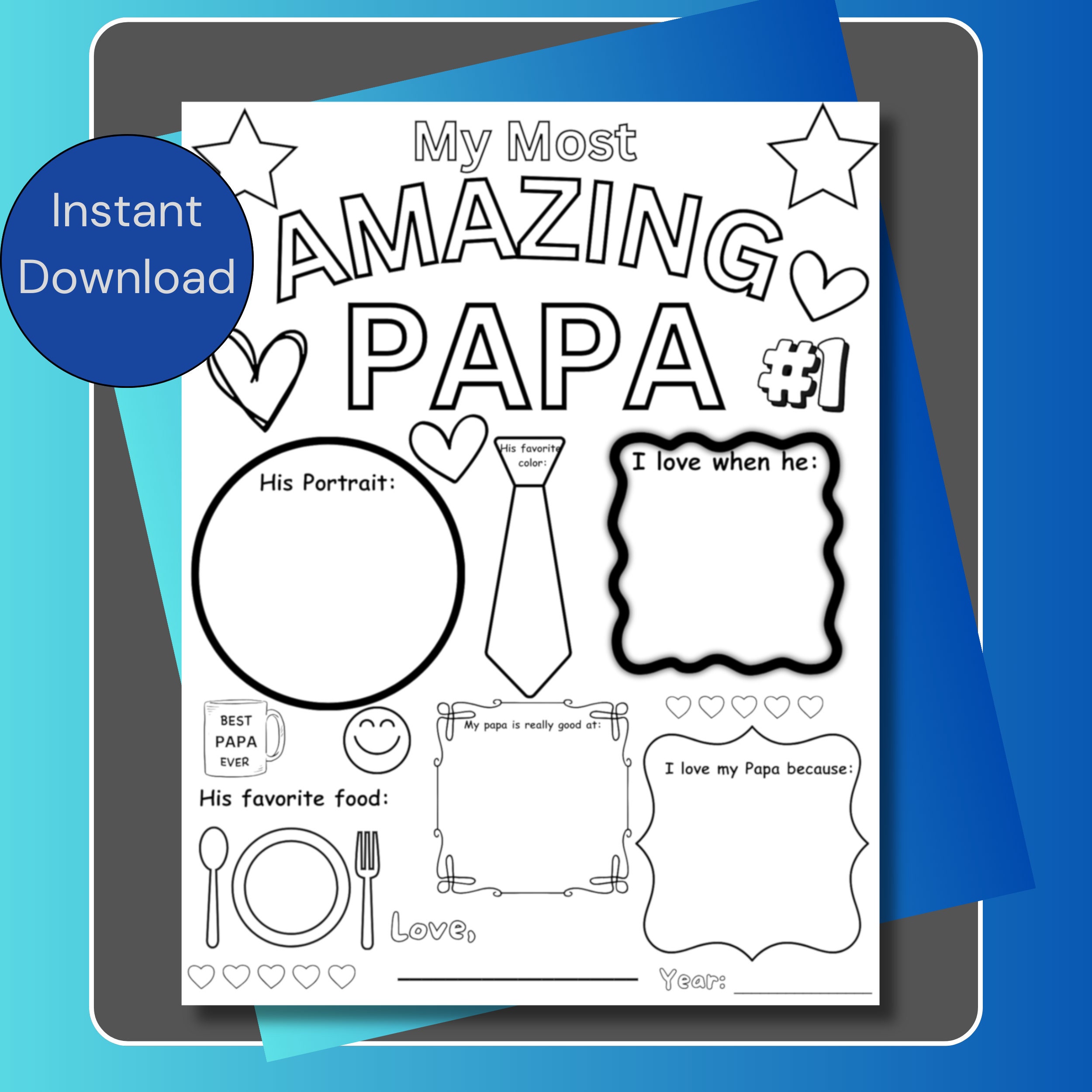 Papa Coloring Page, Papa Birthday Digital Download, Papa Father's Day ...