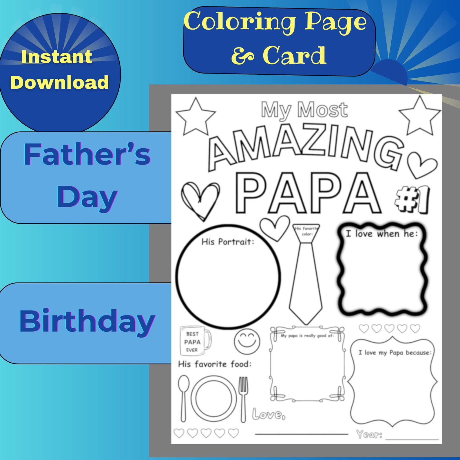 Papa Coloring Page, Papa Birthday Digital Download, Papa Father's Day ...