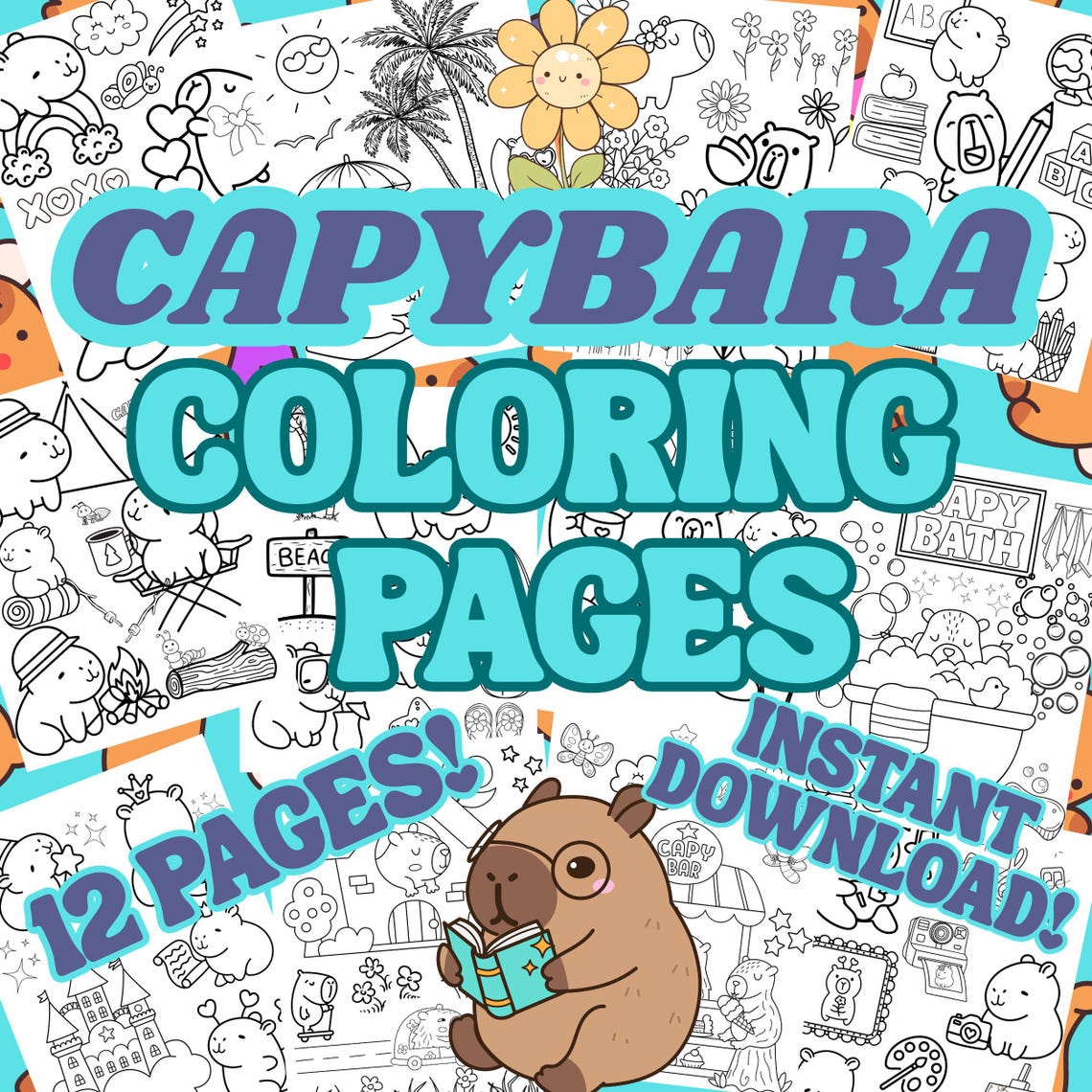Capybara Coloring Pages Cozy Capybara Creativity Capibara Kids Adult Cute Coloring Book Digital ...
