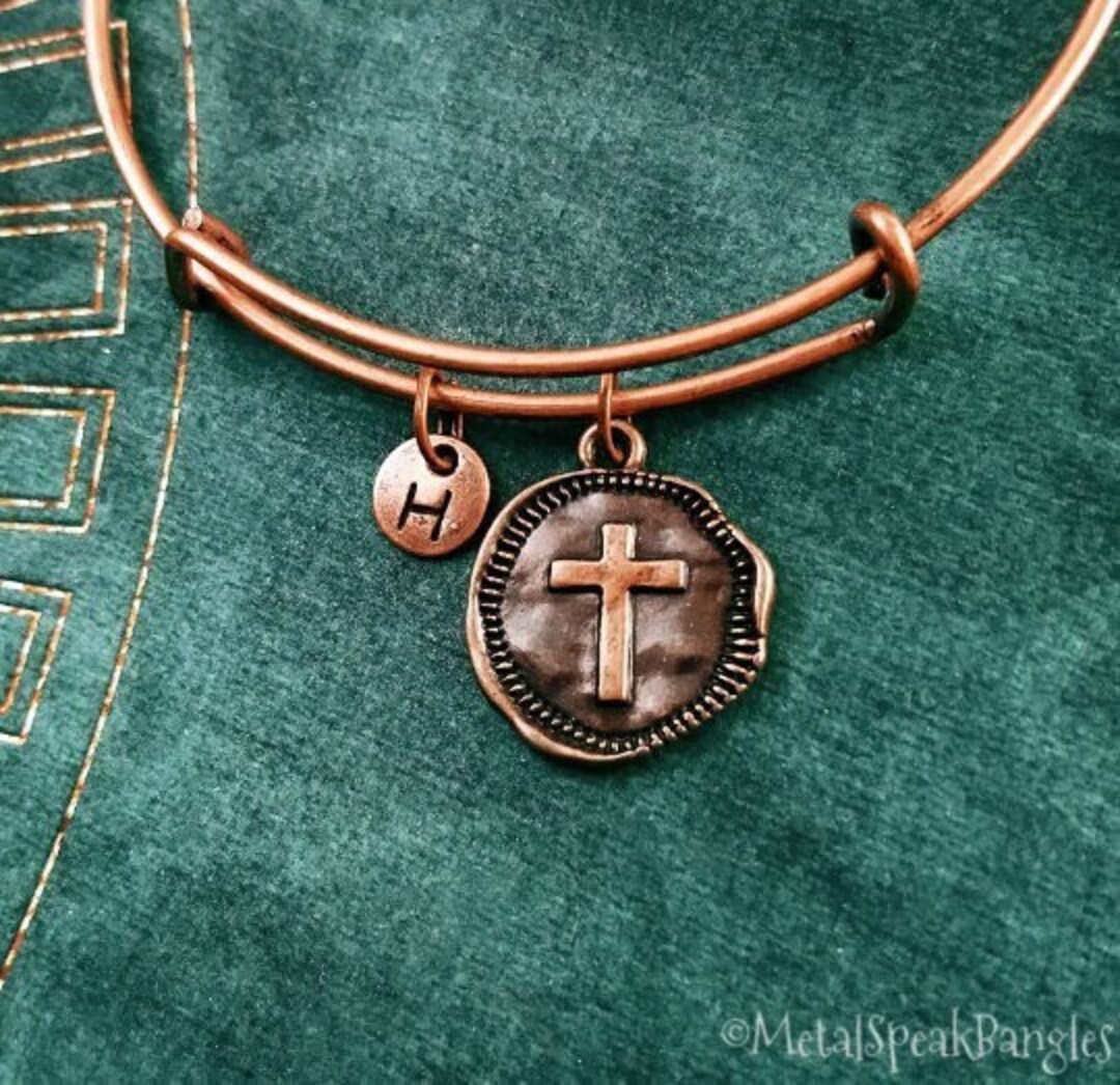 Cross Bangle Cross Bracelet Copper Coin Wax Seal Initial Charm Bracelet ...