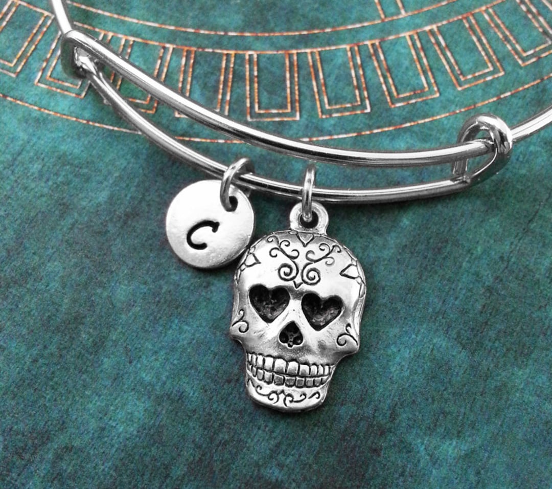 Sugar Skull Bangle Silver Sugar Skull Bracelet Calavera Bracelet ...