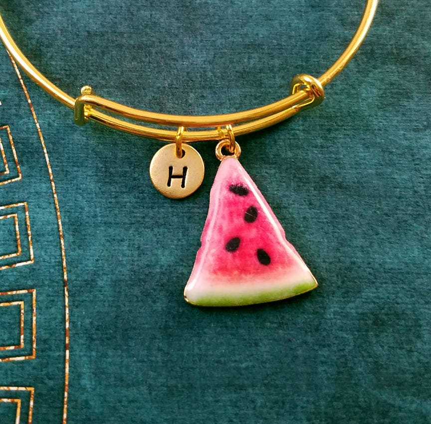 Watermelon Bracelet Watermelon Bangle Fruit Jewelry Slice Initial Charm ...
